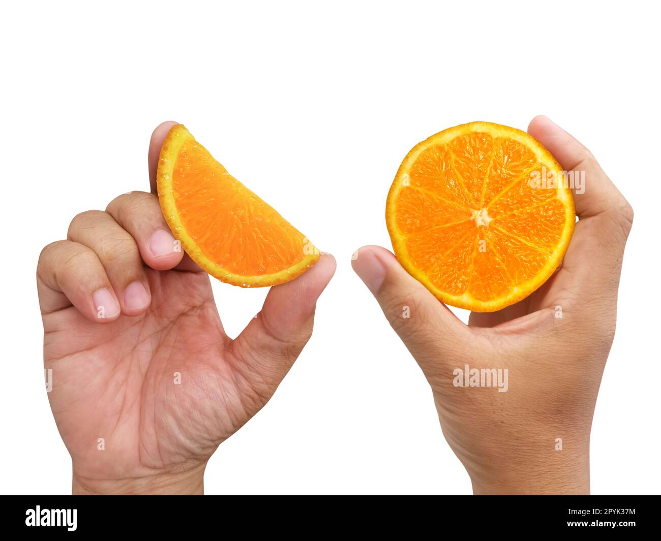 hand holding slice of orange isolated on white background Stock Photo ...