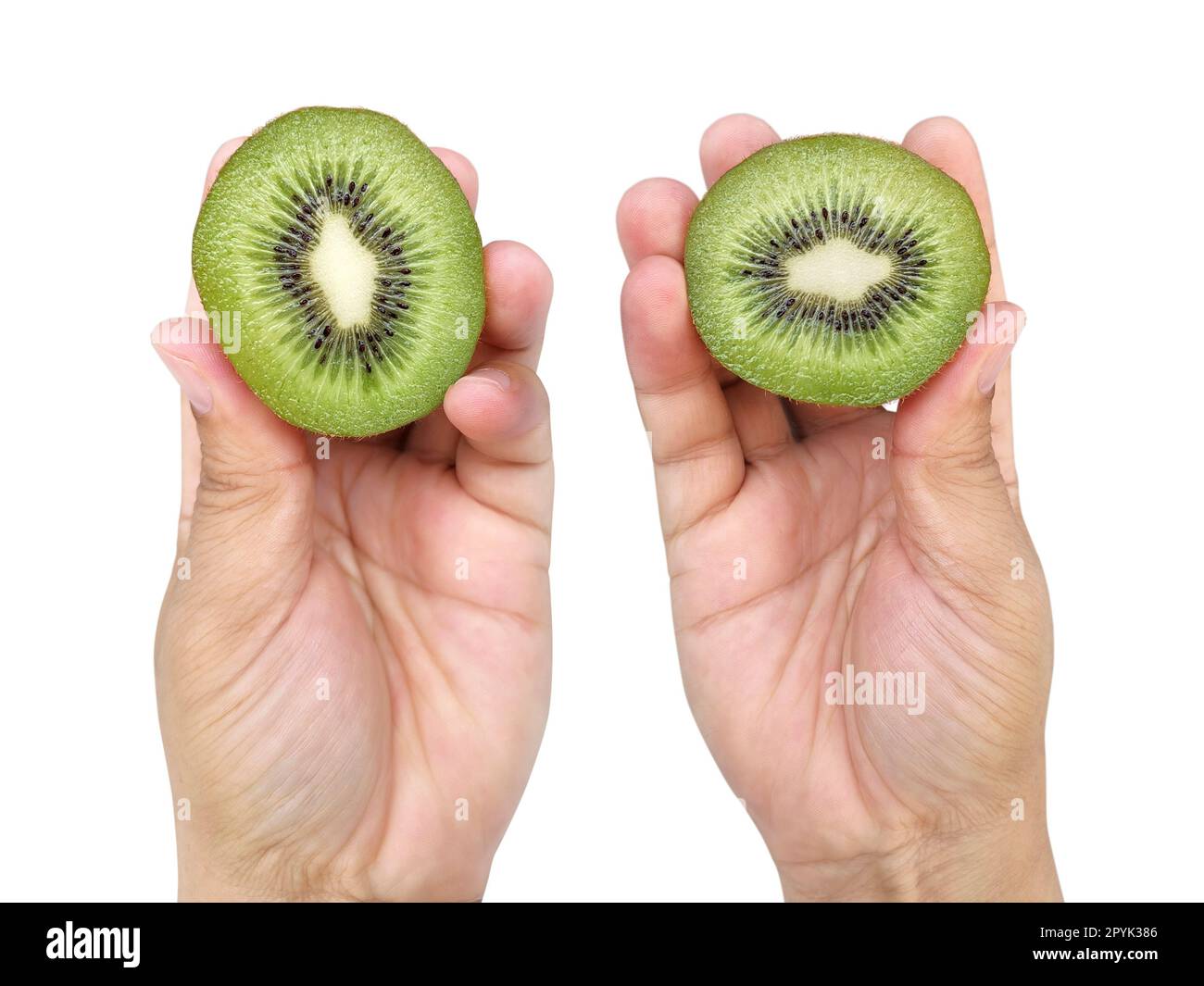 Hand holds sliced half of kiwi fruit isolated on white background Stock ...
