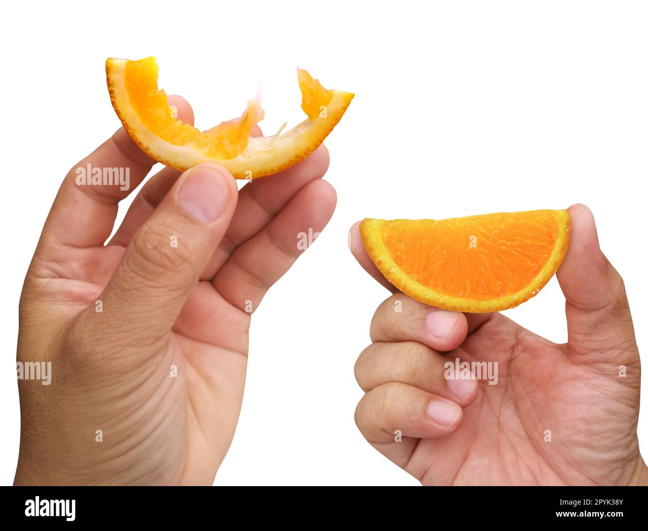 hand holding slice of orange isolated on white background Stock Photo ...