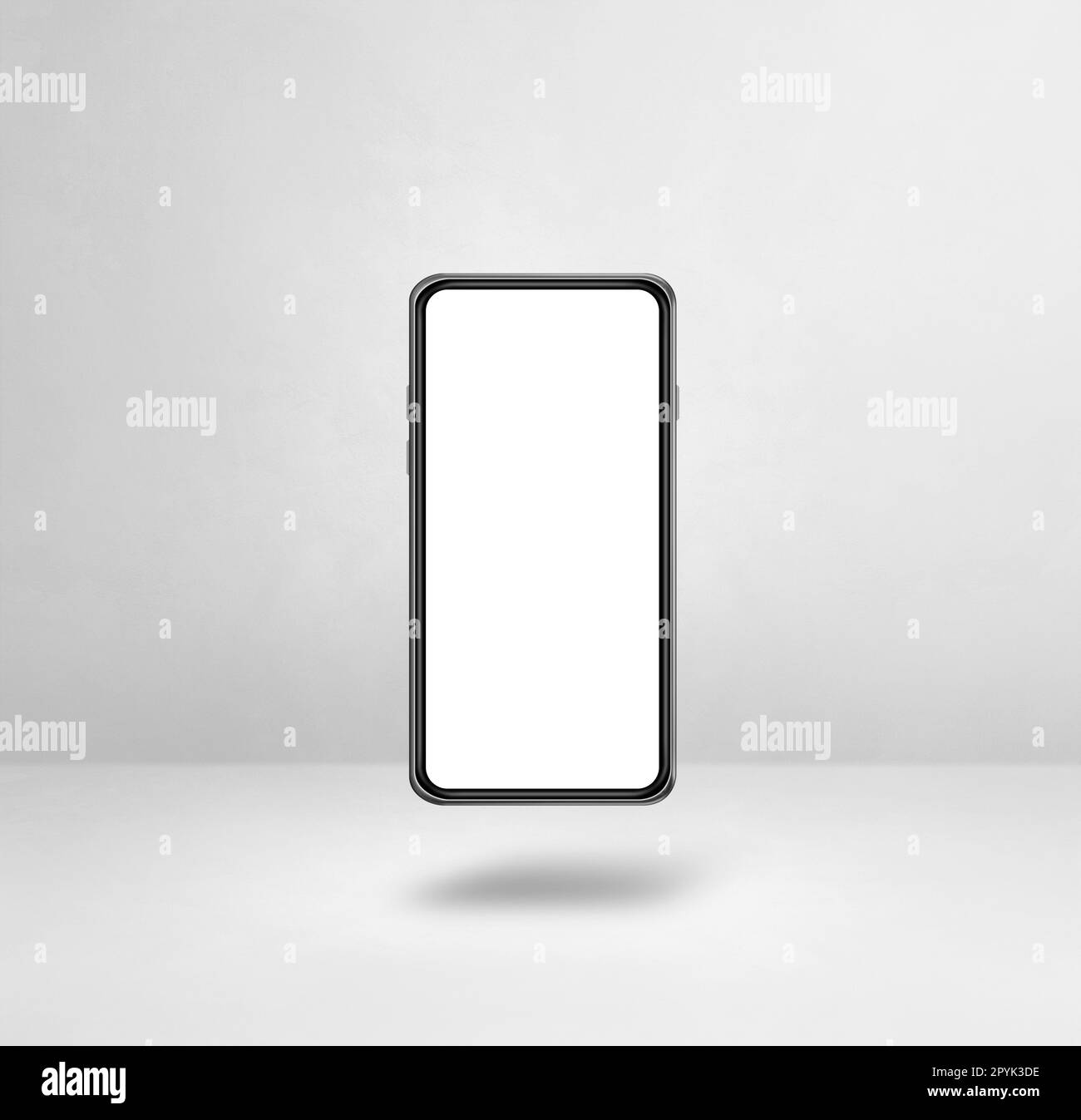 Blank smartphone floating over a white background. 3D isolated ...