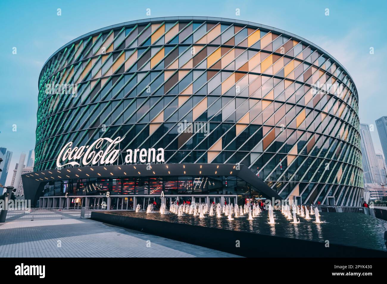 17 January 2023, Dubai, UAE: Illuminated Coca Cola arena stadium in ...