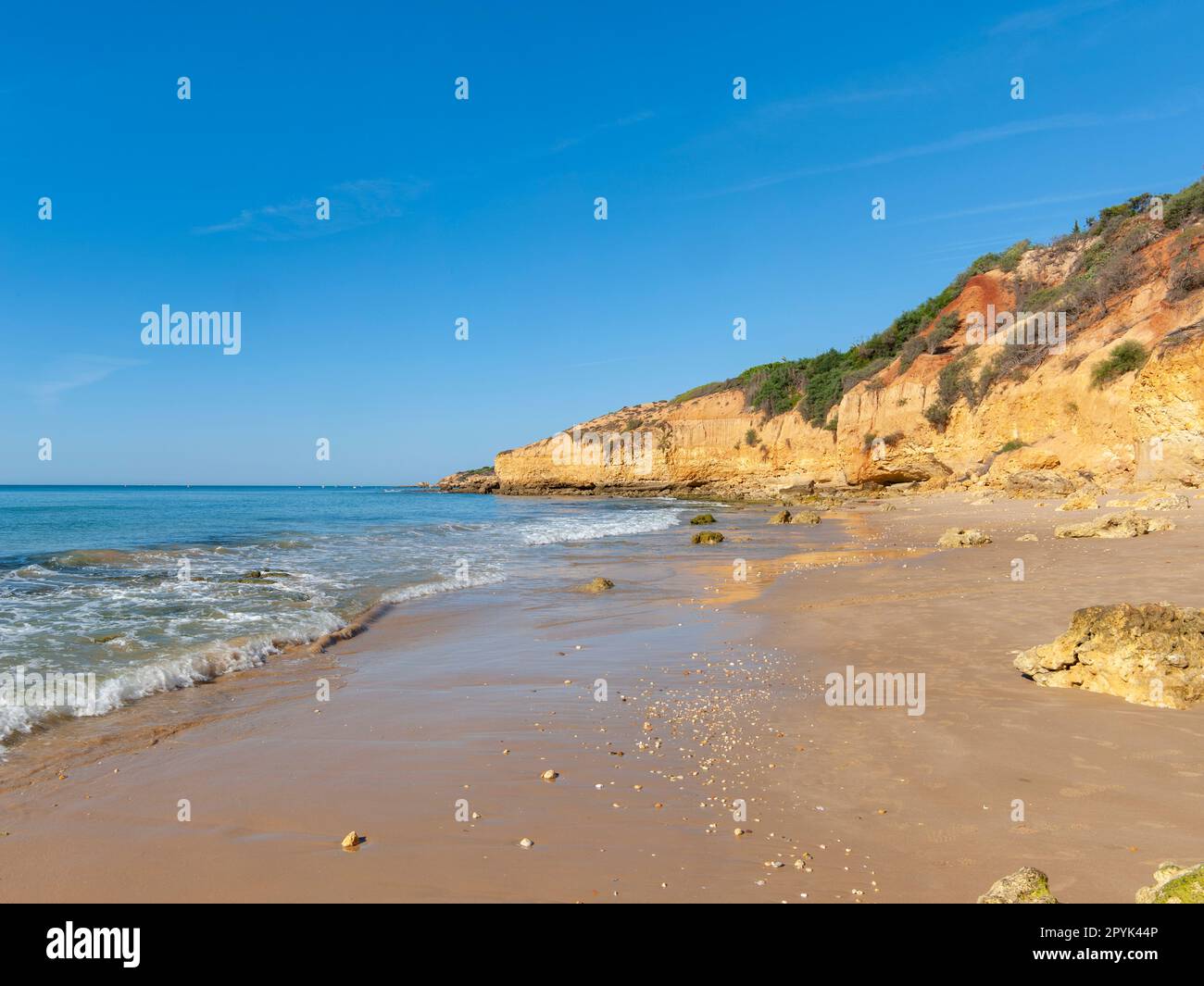 Maria Luisa beach with rock formation in Albufeira, Algarve, Portugal ...