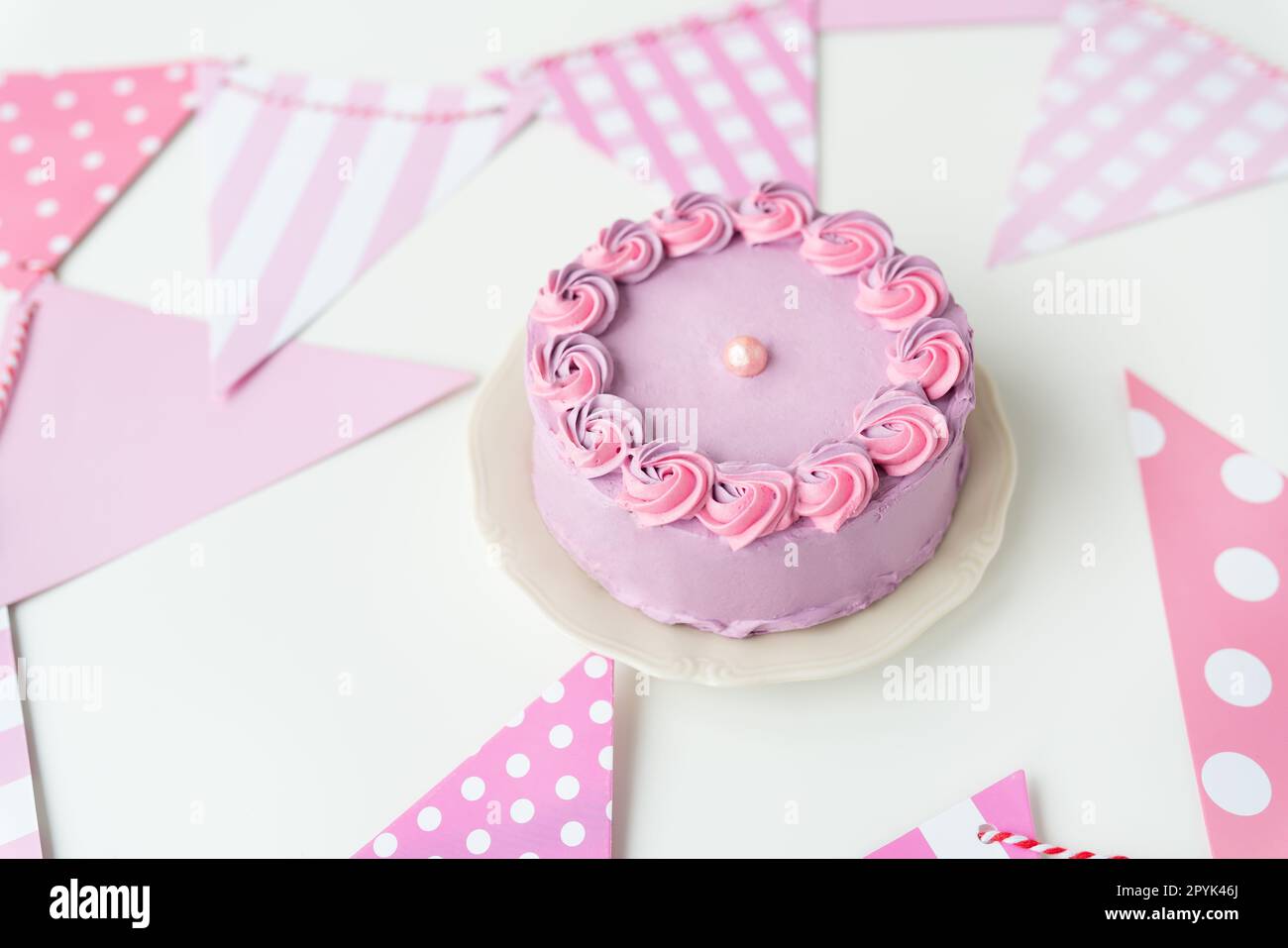 Delicate lavender pink bento cake on a plate against a background of ...