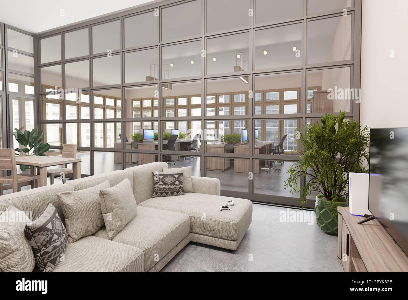 3D office interior, work place, computers, tables and cabinets ...