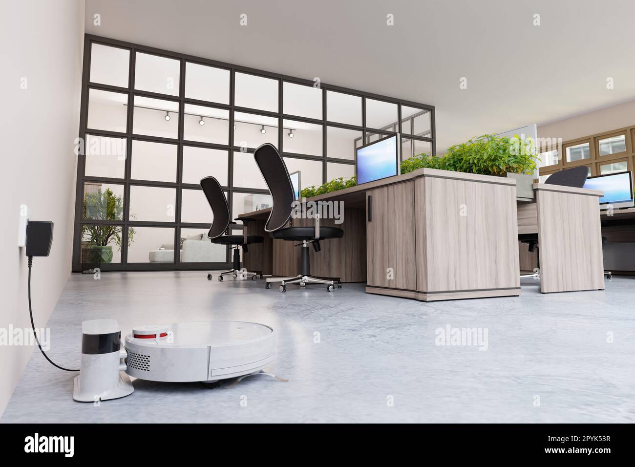 3D office interior, work place, computers, tables and cabinets. robot ...