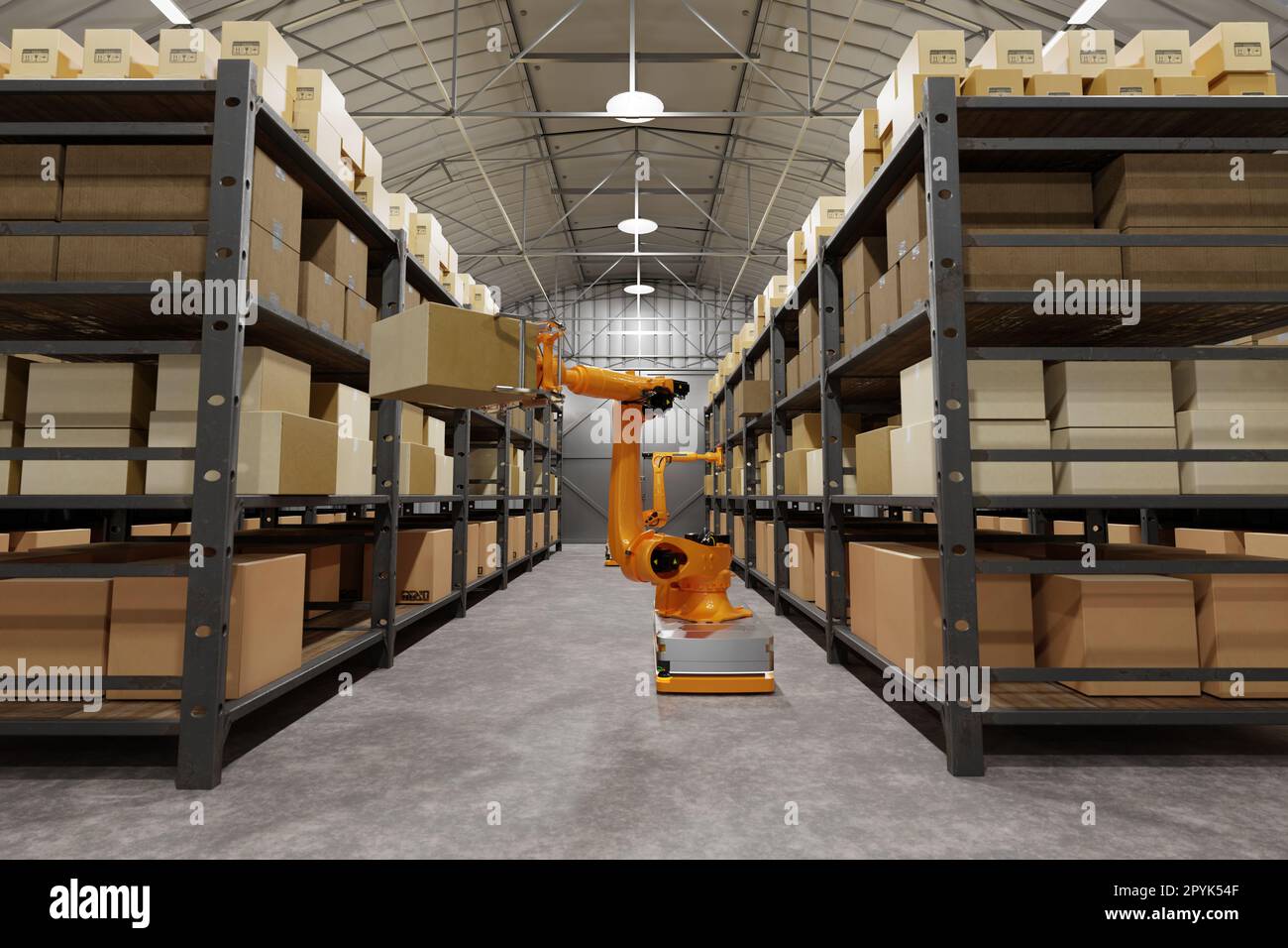Warehouse, automatic robots, loading and unloading of boxes and goods, artificial intelligence ...