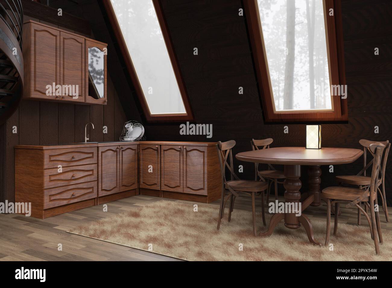 A-frame house interior, triangular house hut, project for construction ...