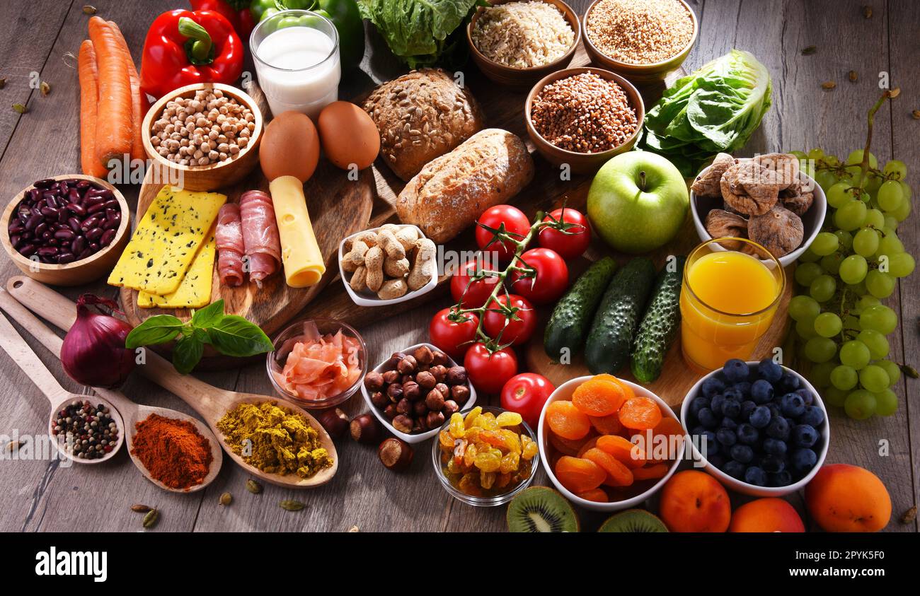 Assorted organic food products on the table Stock Photo - Alamy