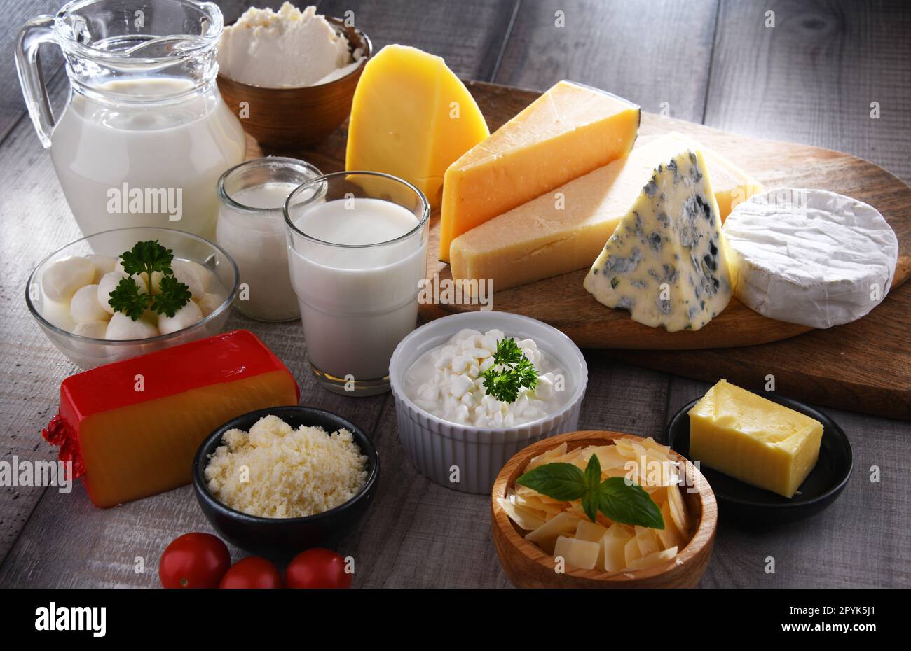 A variety of dairy products including cheese, milk and yogurt Stock ...