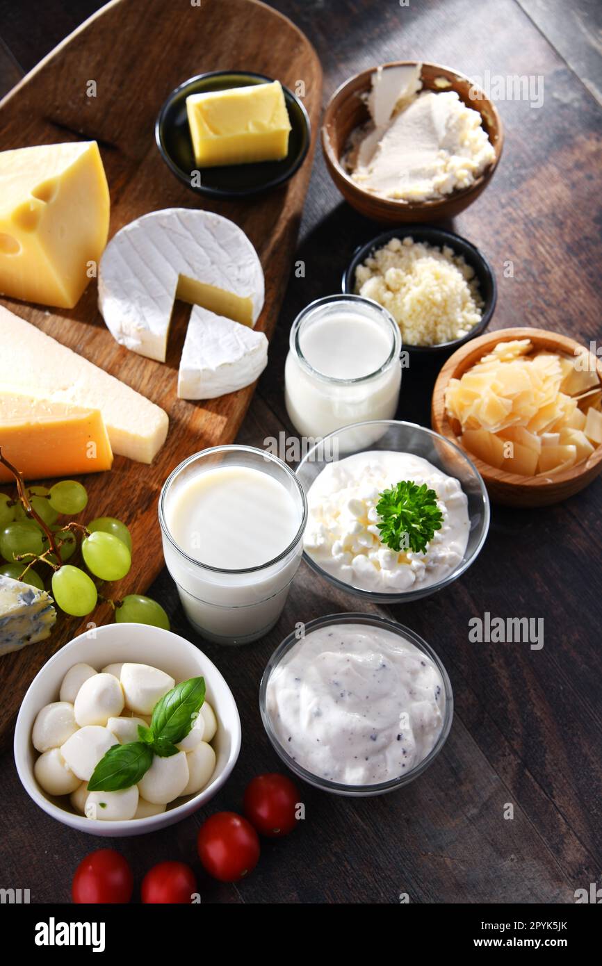 A variety of dairy products including cheese, milk and yogurt Stock ...