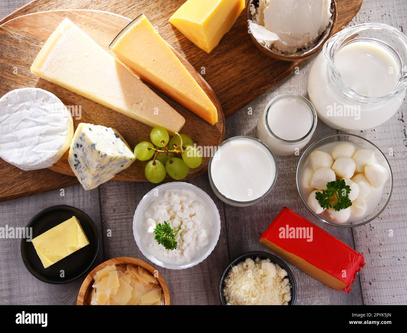 A variety of dairy products including cheese, milk and yogurt Stock ...