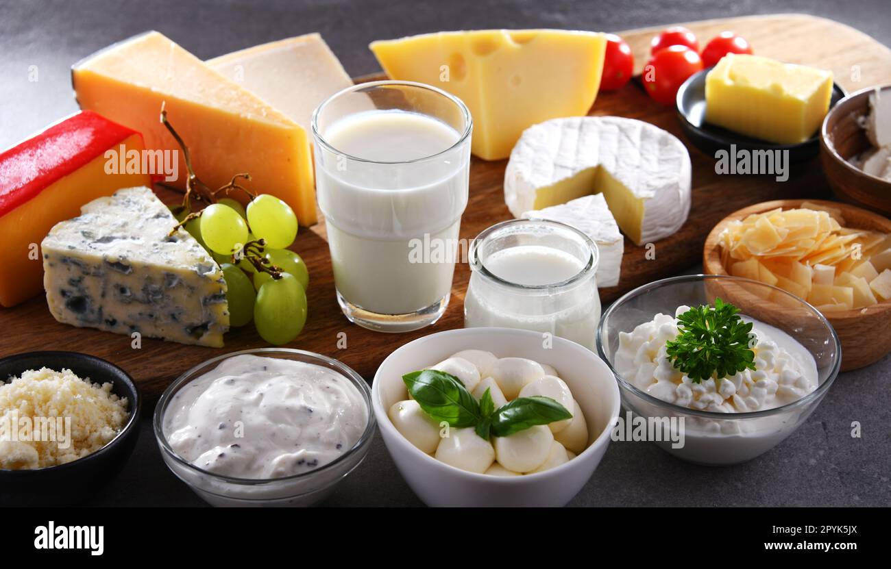 A variety of dairy products including cheese, milk and yogurt Stock ...
