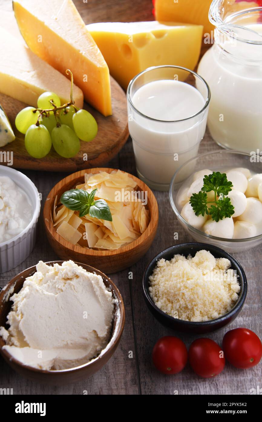 A variety of dairy products including cheese, milk and yogurt Stock ...