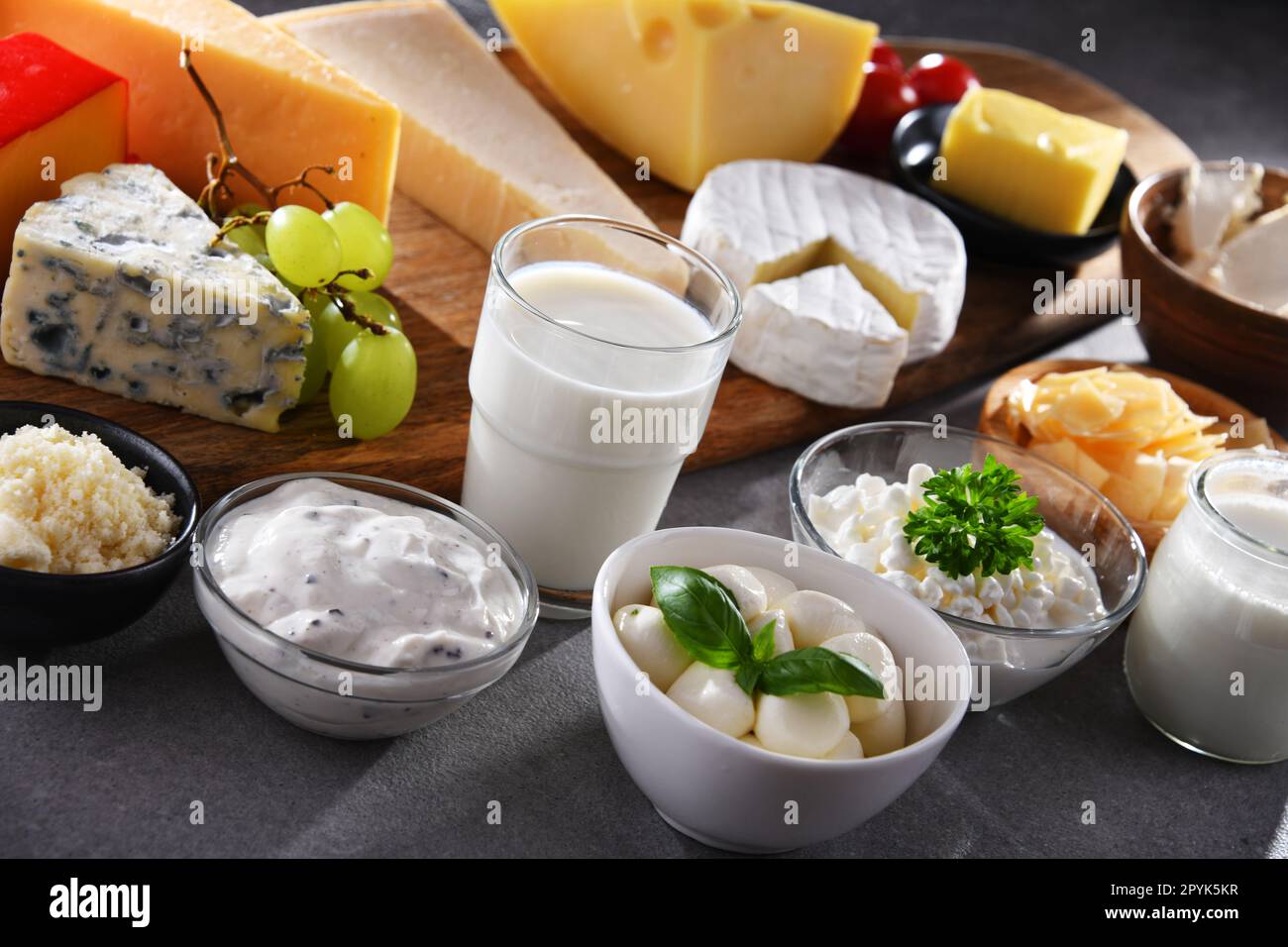 A variety of dairy products including cheese, milk and yogurt Stock ...