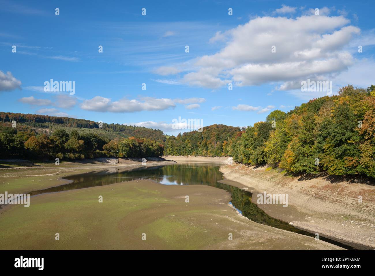 Drought in Germany, low water in Henne lake, Sauerland, Germany Stock ...