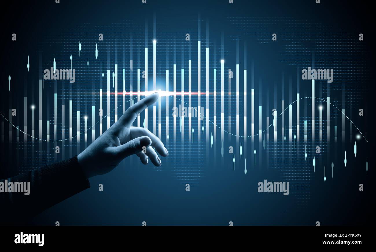 Holographic graph with growing indicators and a woman's hand. Business ...