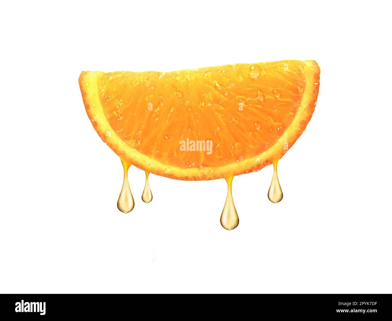 drops of juice falling from orange half isolated on white background ...