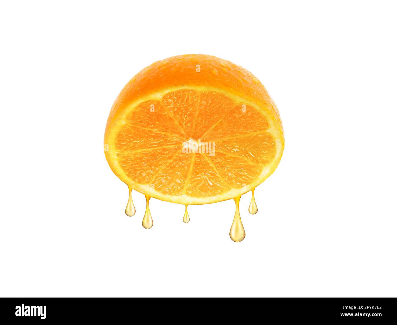 drops of juice falling from orange half isolated on white background ...