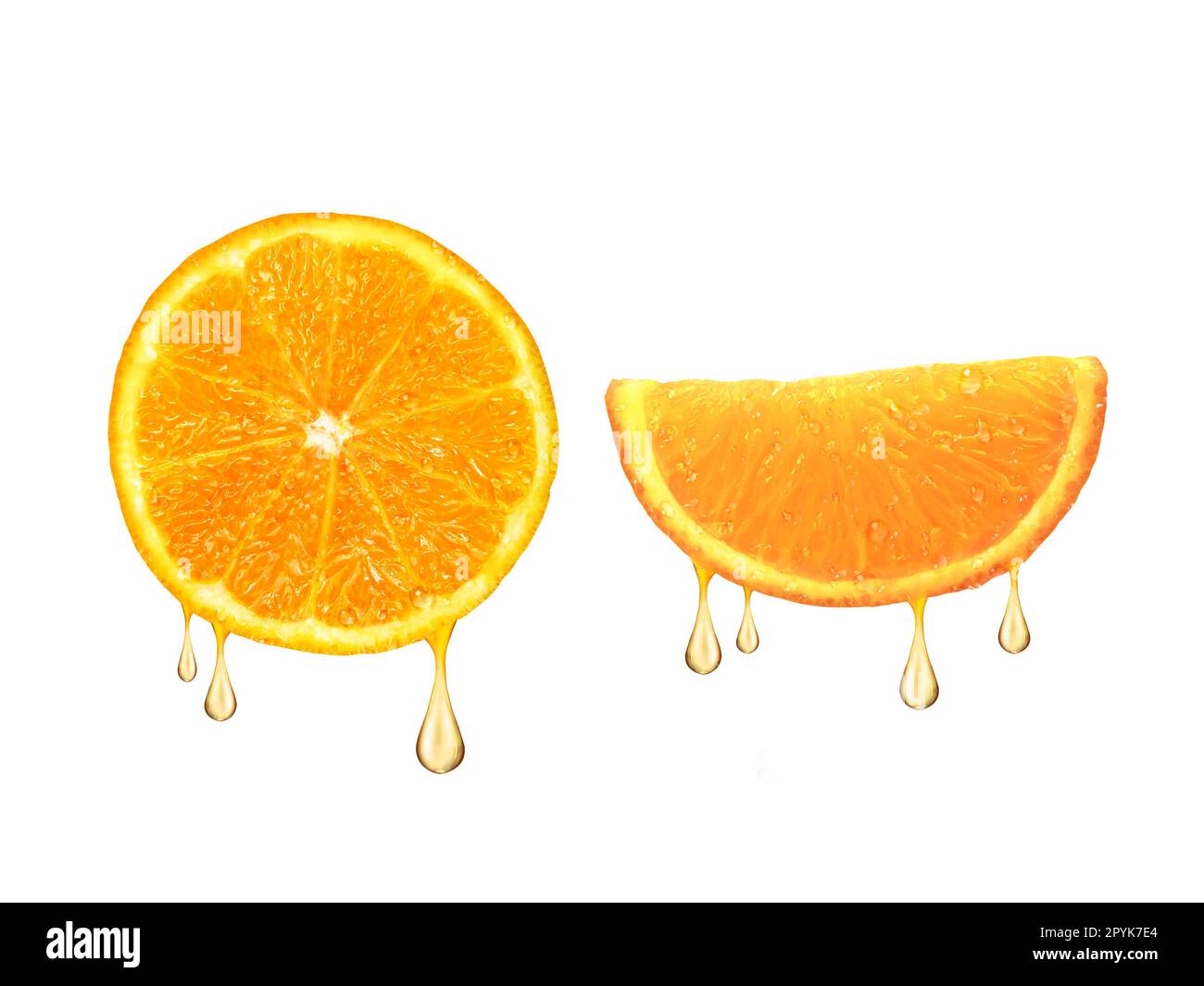 drops of juice falling from orange half isolated on white background ...