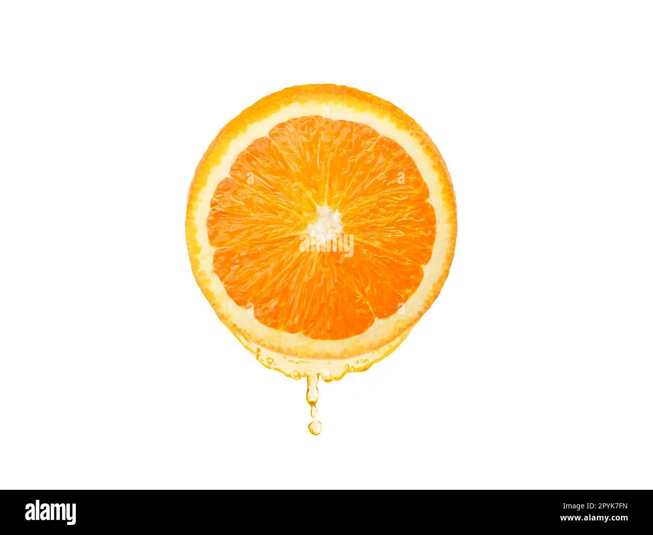 Fresh orange juice dripping isolated on white background. Clipping path ...