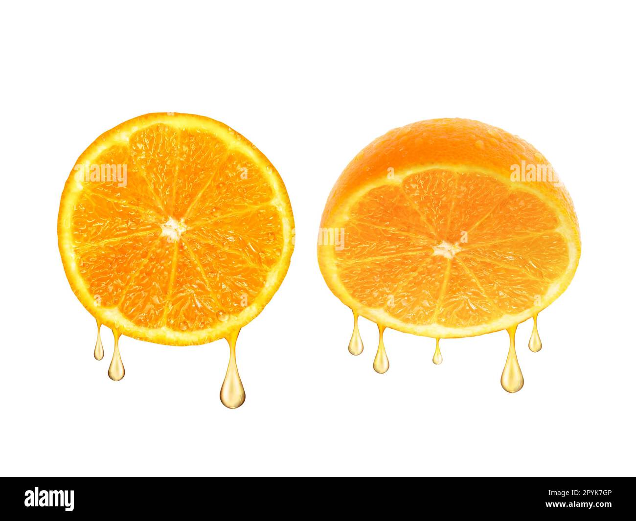 drops of juice falling from orange half isolated on white background ...