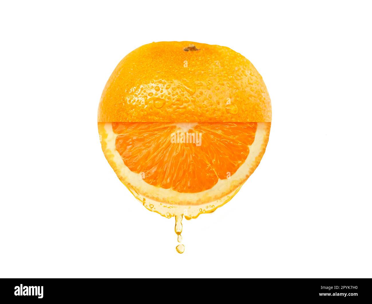 Fresh orange juice dripping isolated on white background. Flat lay ...
