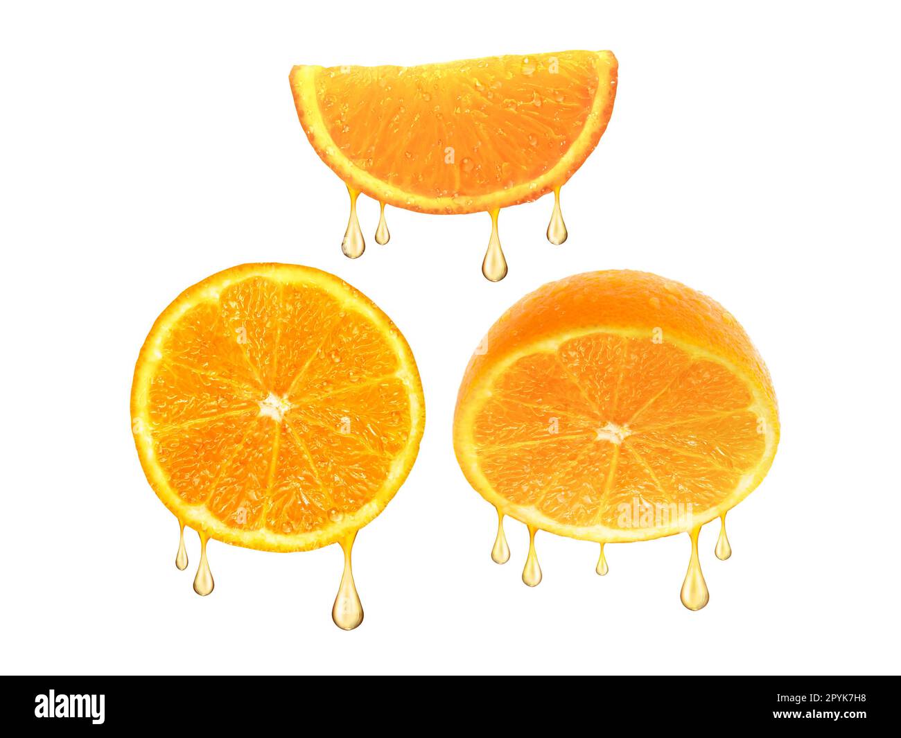 drops of juice falling from orange half isolated on white background ...