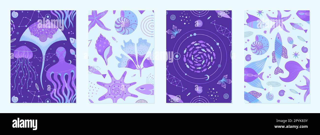 Set of vector illustrations of cosmic underwater creatures. Marine life ...