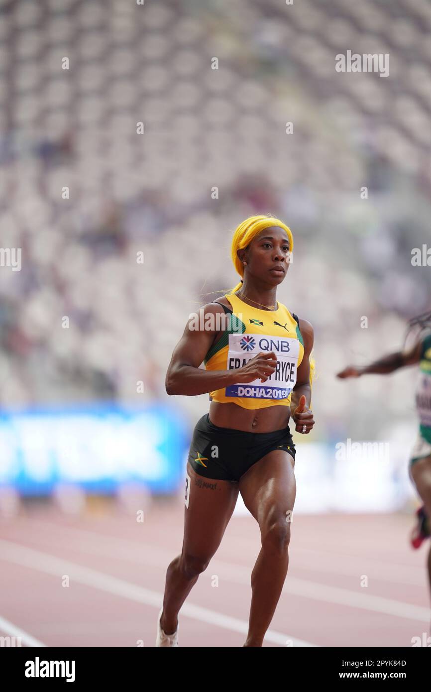 Shelly-Ann Fraser-Pryce running the 100m at the 2019 World Athletics ...
