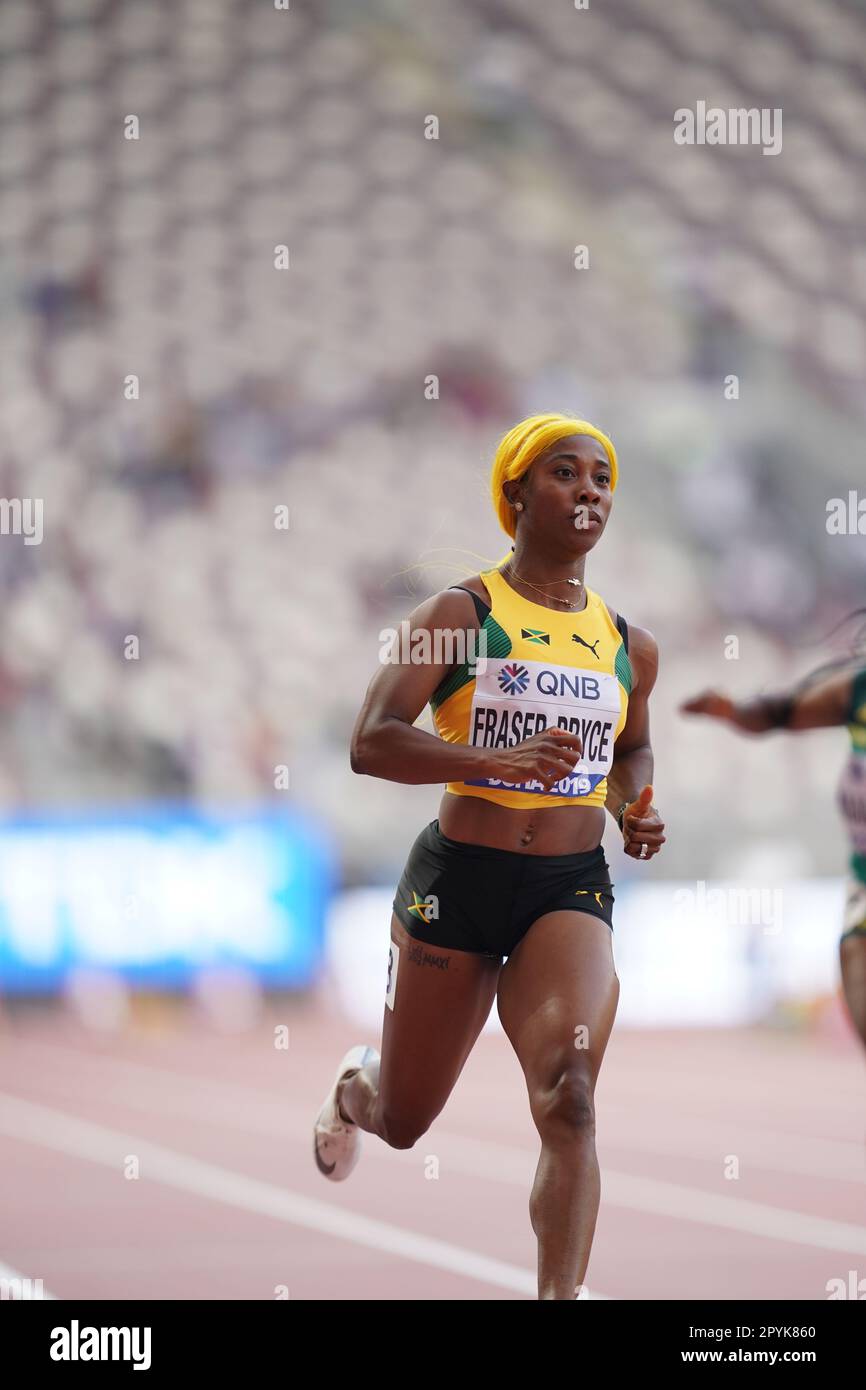 Shelly-Ann Fraser-Pryce running the 100m at the 2019 World Athletics ...