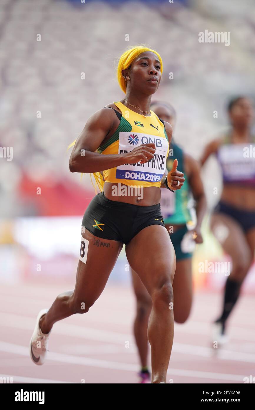 Shelly-Ann Fraser-Pryce running the 100m at the 2019 World Athletics ...
