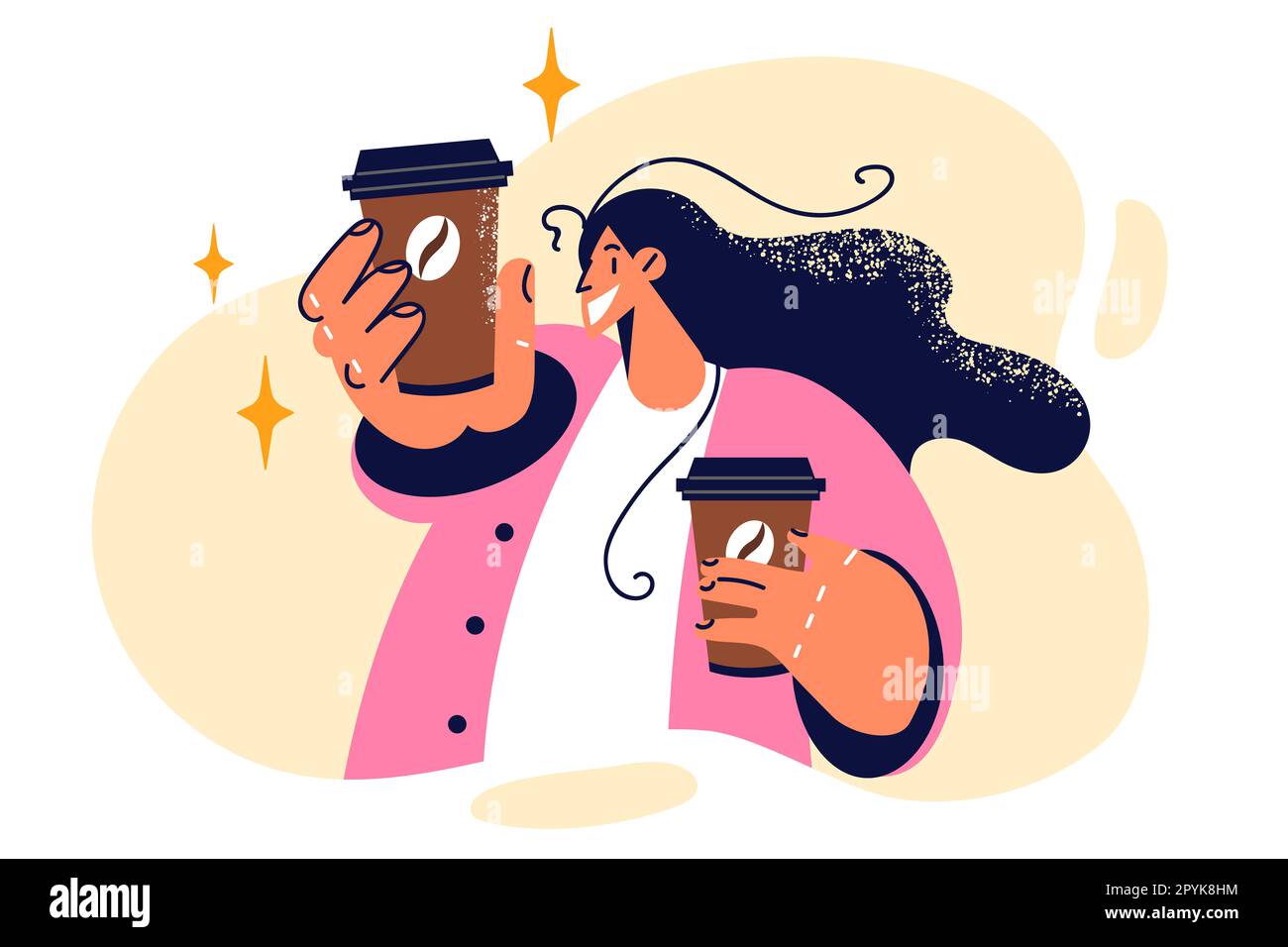 Positive woman with two paper cups for takeaway coffee offers to cheer ...