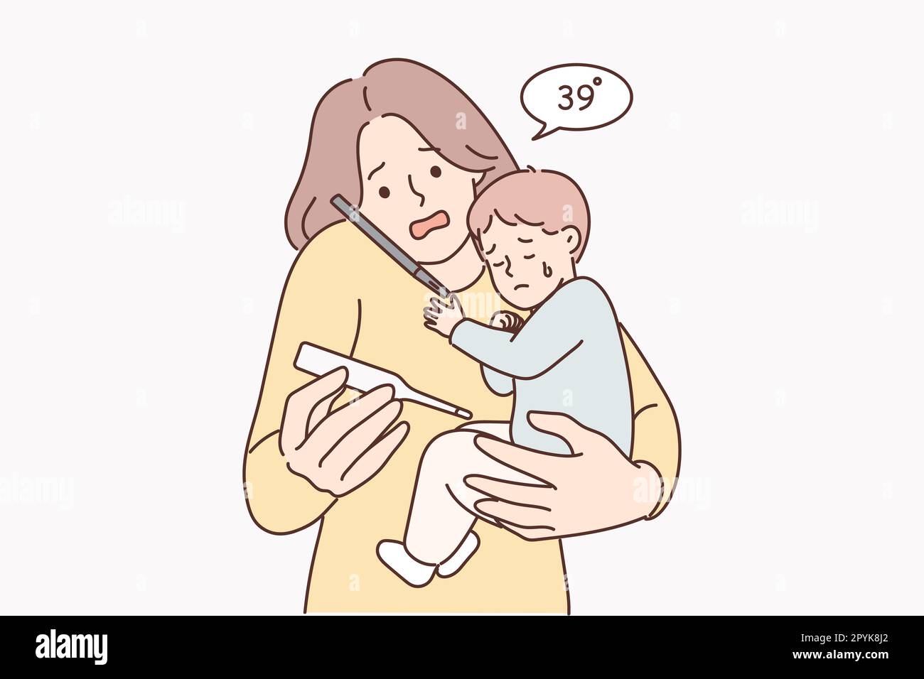 Worried woman with sick baby holding thermometer and calling ...