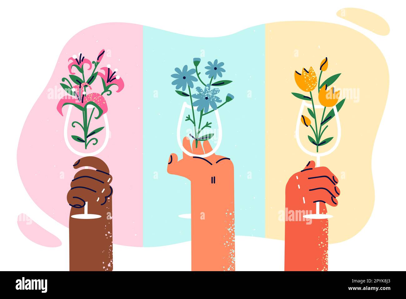 Hands of people with different skin colors raising vases with fresh ...