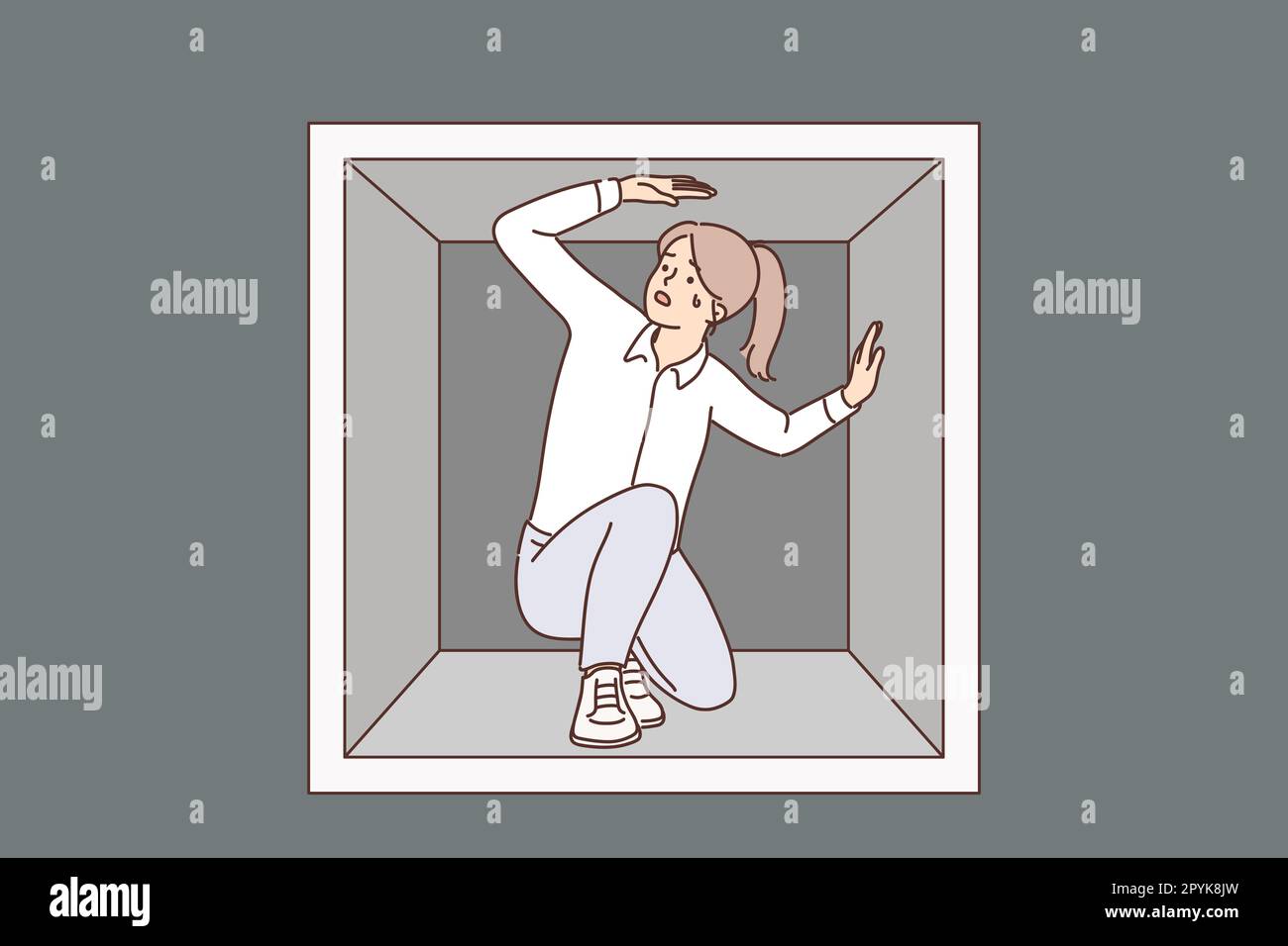 Discouraged woman is trapped sitting in small box experiencing ...