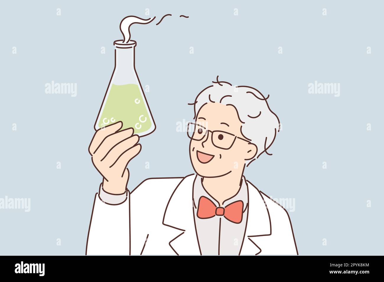 Laboratory assistant in white coat holds flask with green fuming liquid ...
