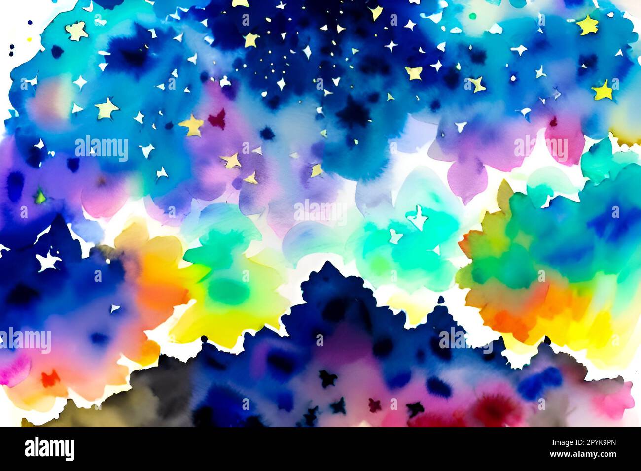 Abstract watercolor background with stars and sparkles. Hand-drawn ...