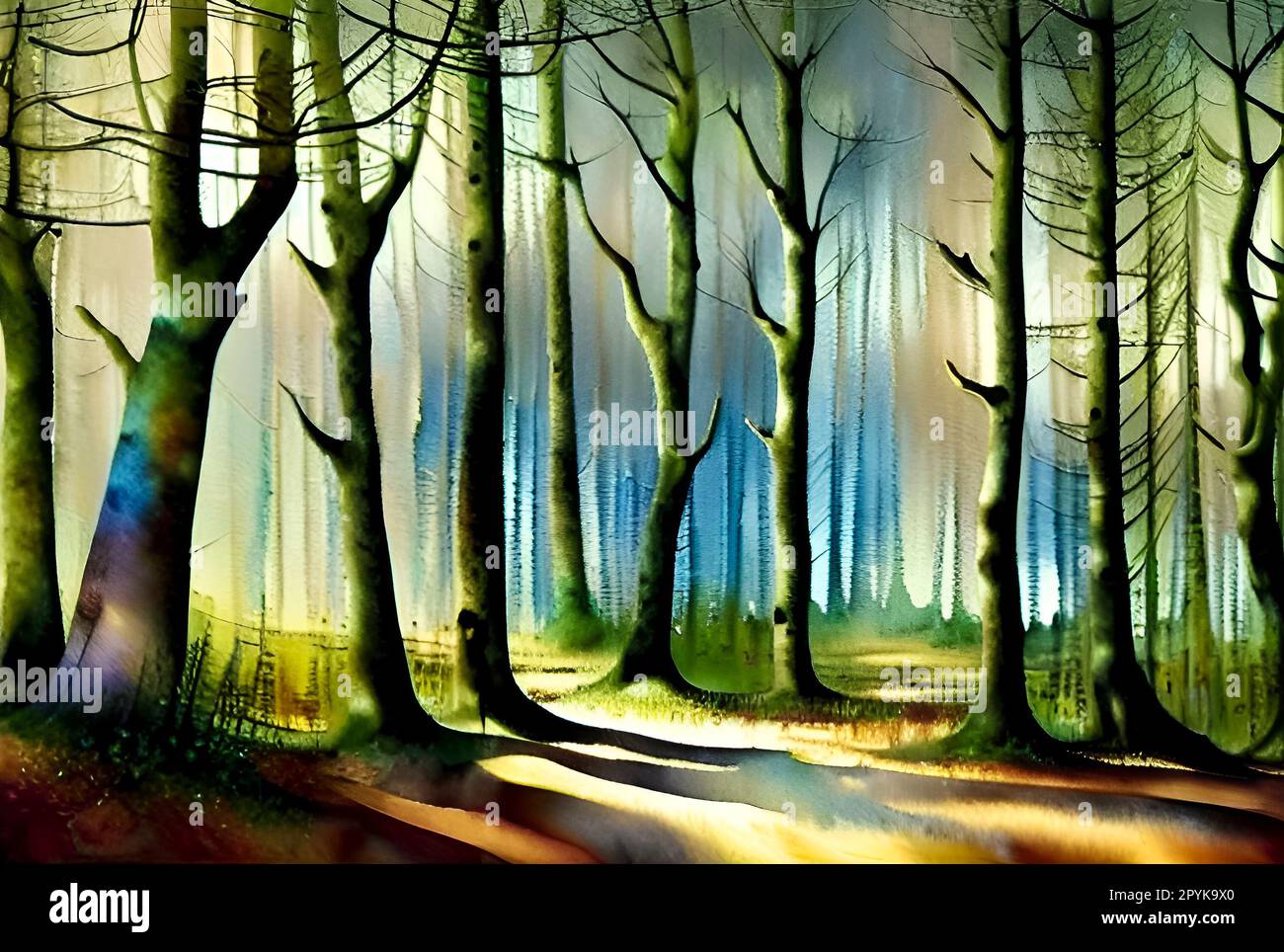 forest landscape with trees and leaves Stock Photo - Alamy