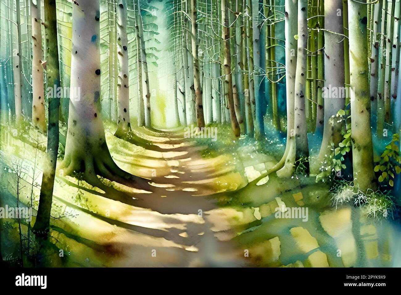 forest landscape with trees and leaves Stock Photo - Alamy