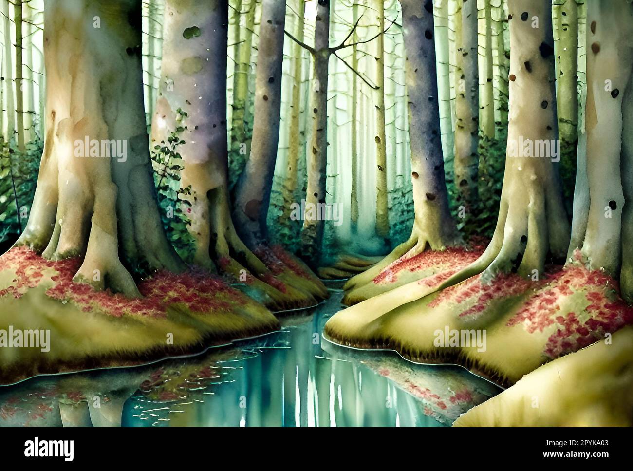 forest landscape with trees and leaves Stock Photo - Alamy