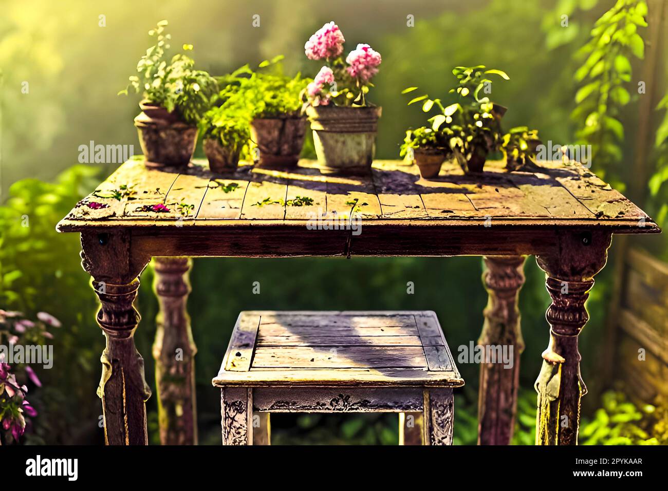 Vintage wooden table with flowers in pots. Photo in old color image ...