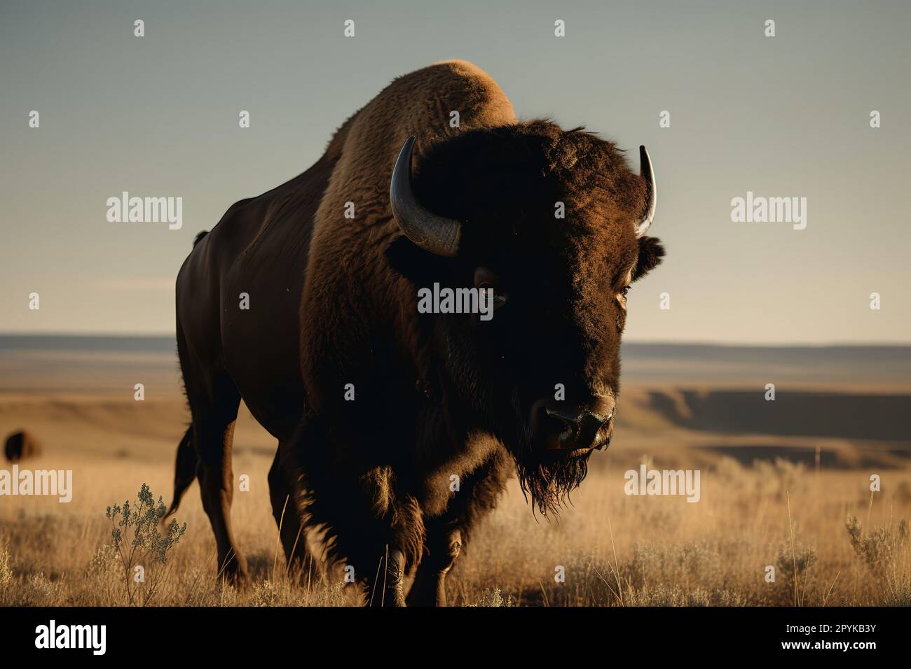 A fierce and powerful American Bison grazing on the plains - This ...