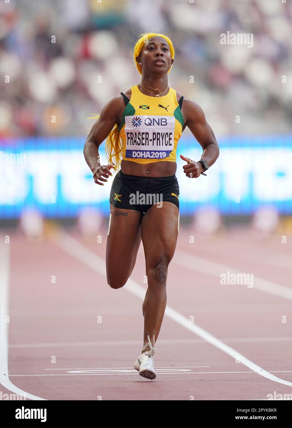 Shelly-Ann Fraser-Pryce running the 100m at the 2019 World Athletics ...