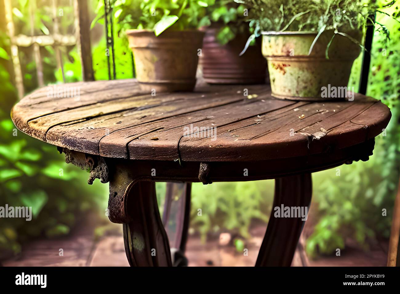 Vintage wooden table with flowers in pots. Photo in old color image ...