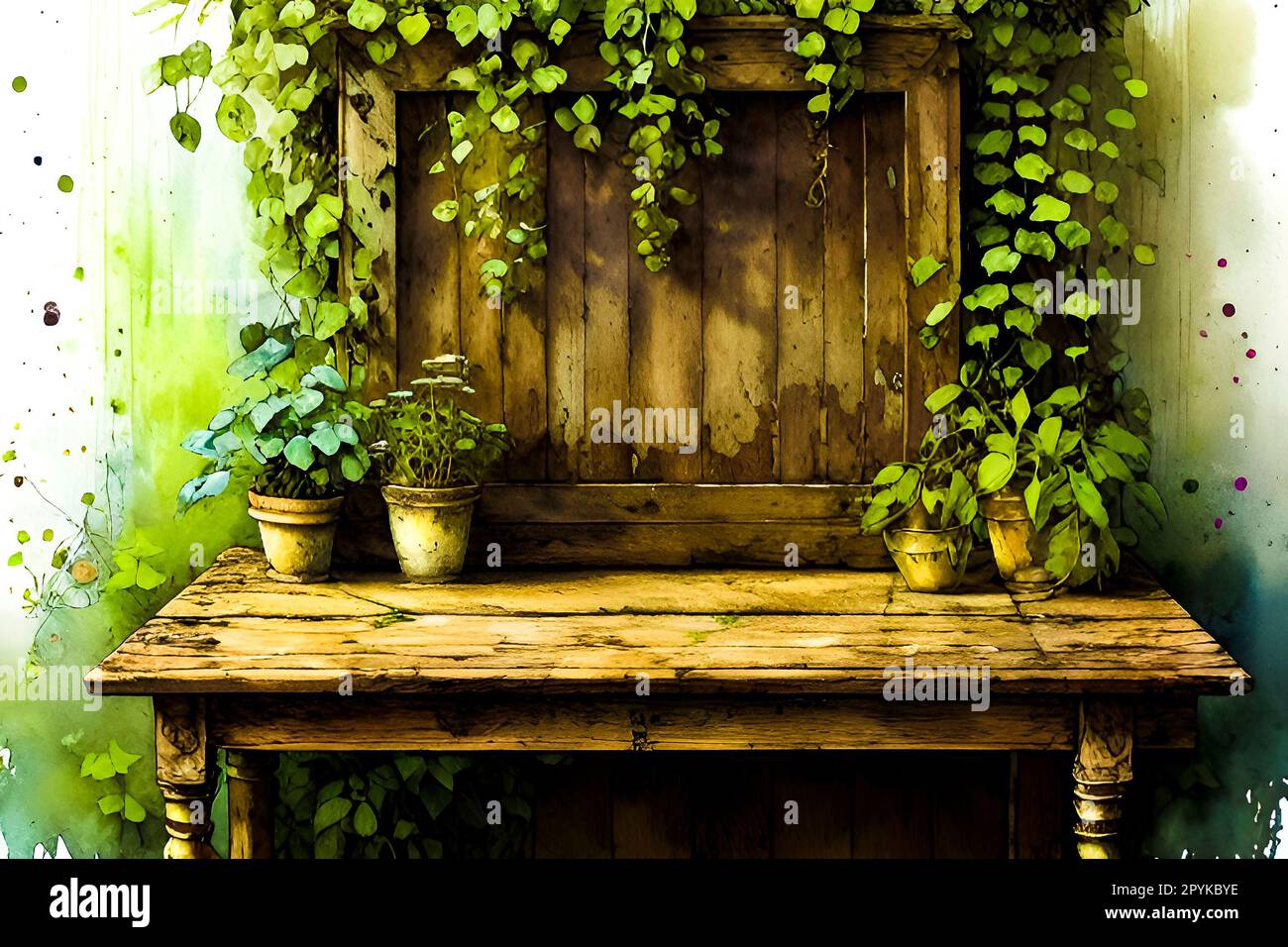 Vintage wooden table with flowers in pots. Photo in old color image ...