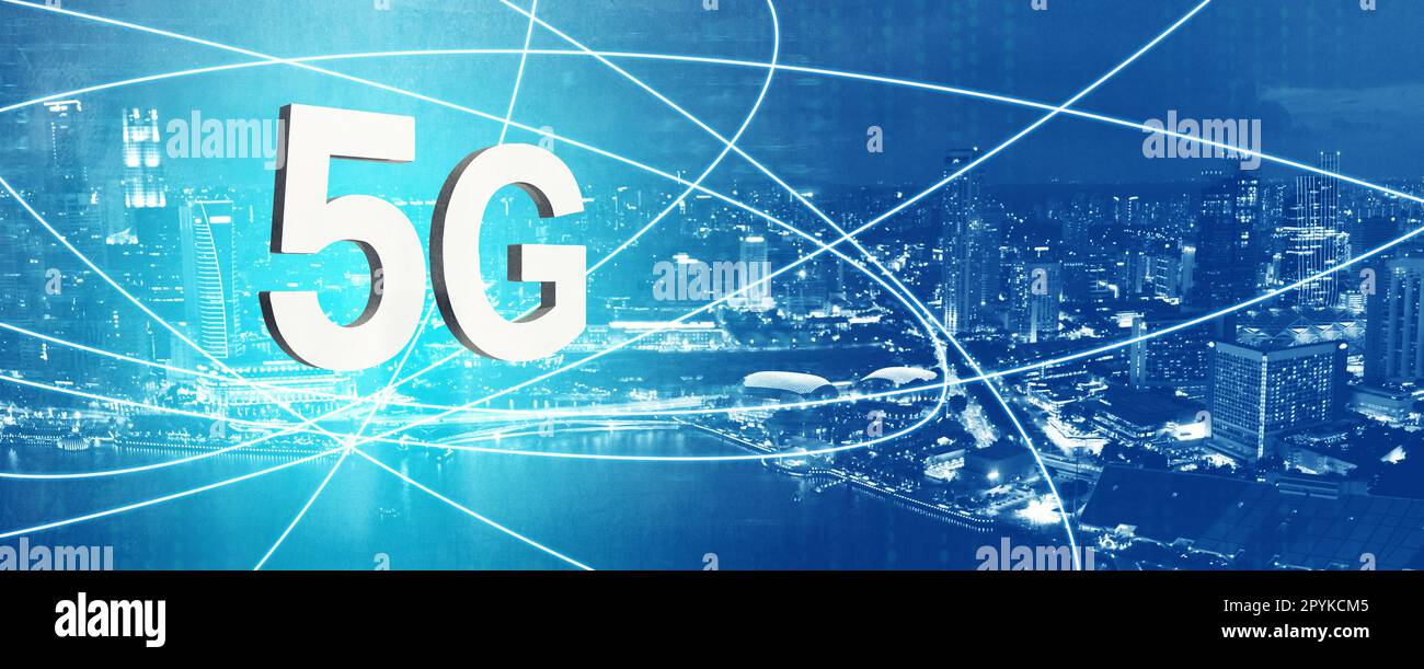 5G Fast speed wireless internet connection and technology concept. 3d ...