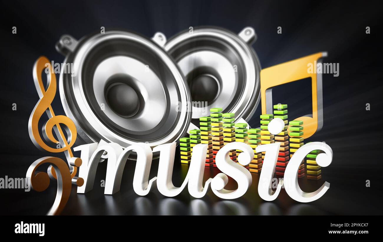 Music text speakers, music notes and equalizer. 3D illustration Stock ...