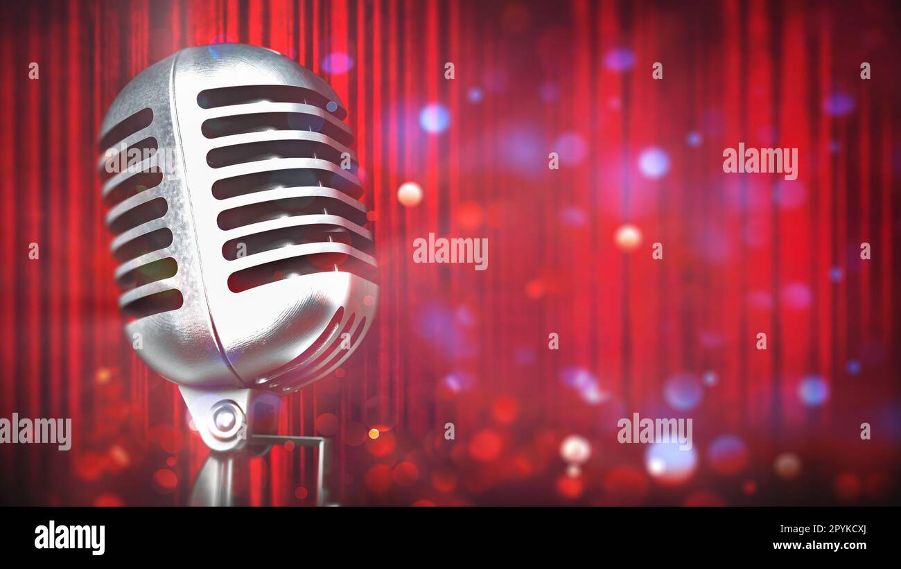 Vintage microphone on red curtain backgound. 3D illustration Stock ...