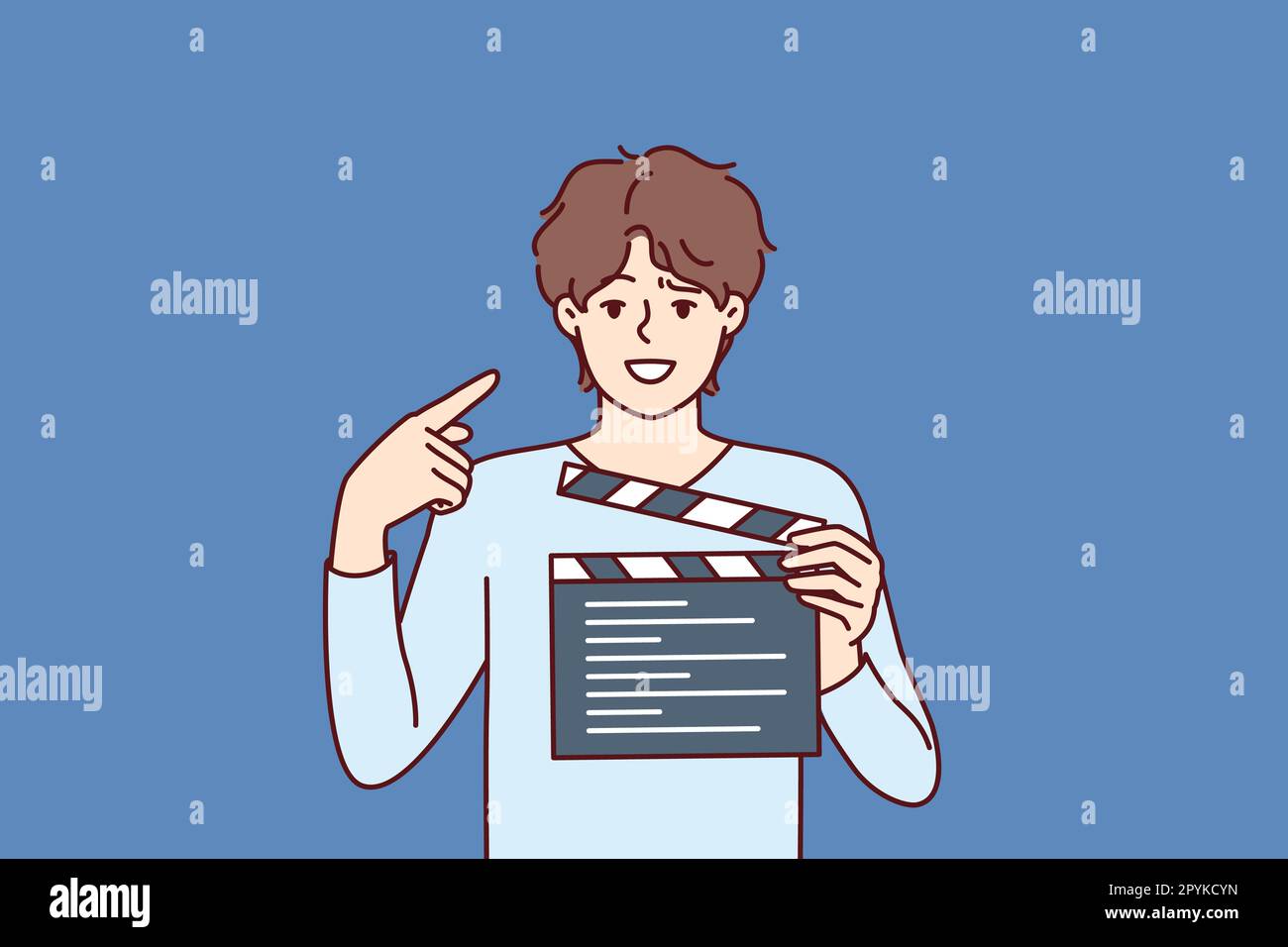 Man producer with clapboard in hands looks at screen while working on ...