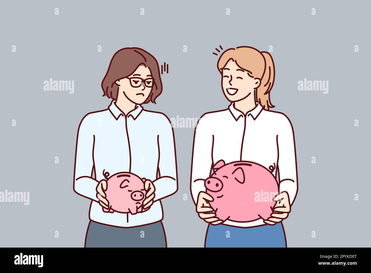 Two women with piggy banks for money of various sizes for concept of ...
